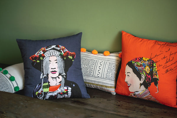 Eugenie Darge Miss Hue Red Portrait Cushion Cover - Temples and Markets